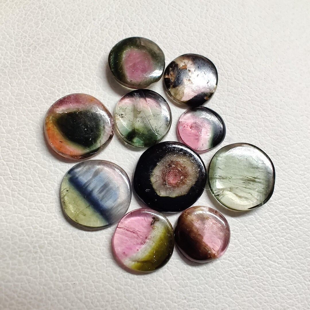 10pcs Multi Watermelon Tourmaline Smooth Slice Cabochon, 6.6 Cts (5.5x5 ...