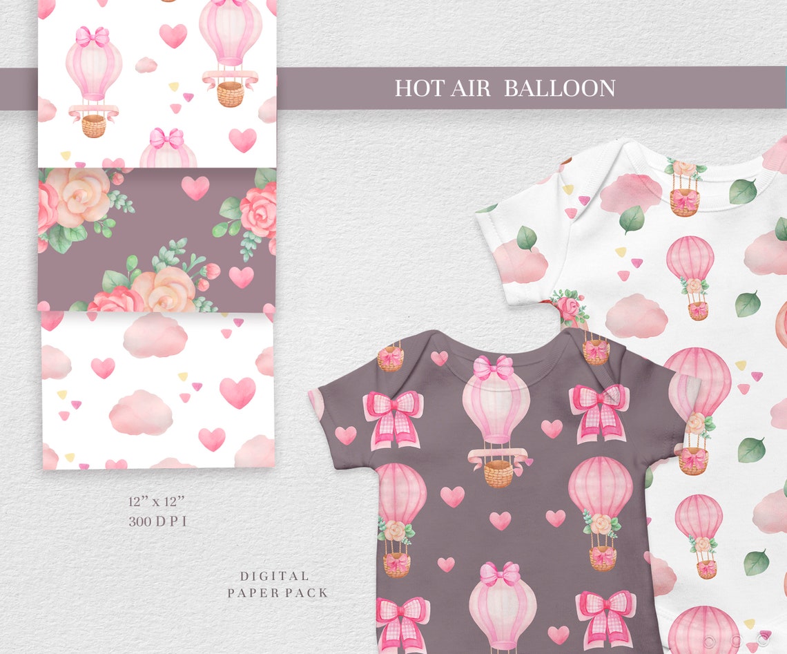 Hot Air Balloon Digital Paper Watercolor Floral Seamless - Etsy