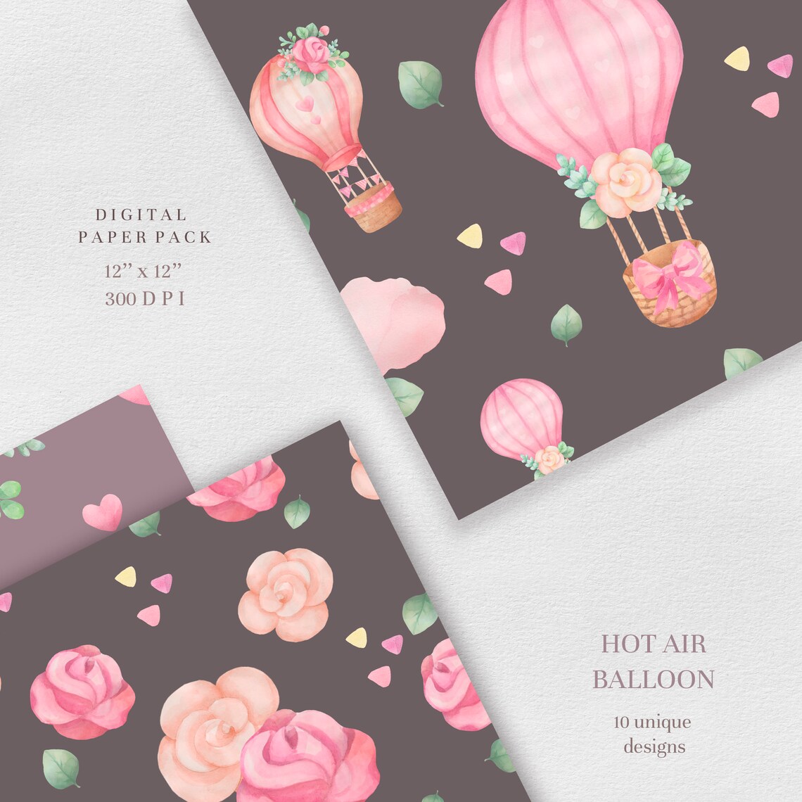 Hot Air Balloon Digital Paper Watercolor Floral Seamless - Etsy