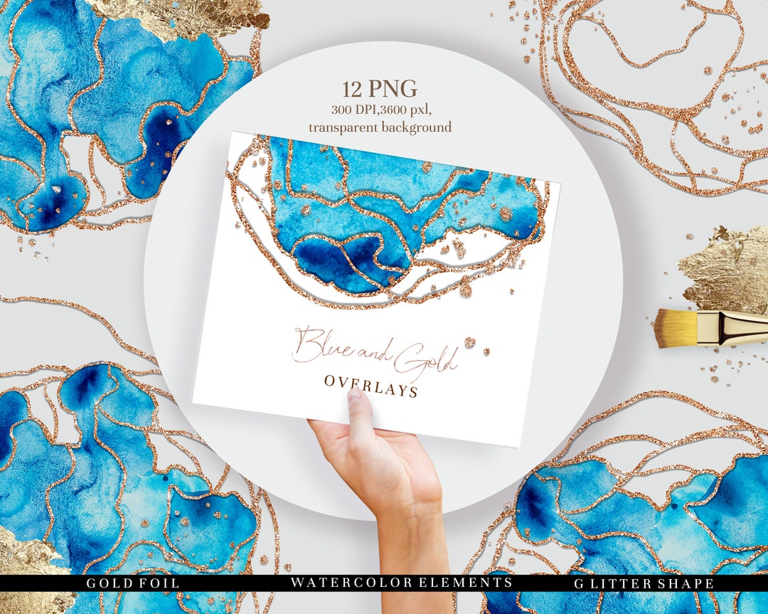 Watercolor Blue and Glitter Border Clipart, Turquoise and Gold Foil ...