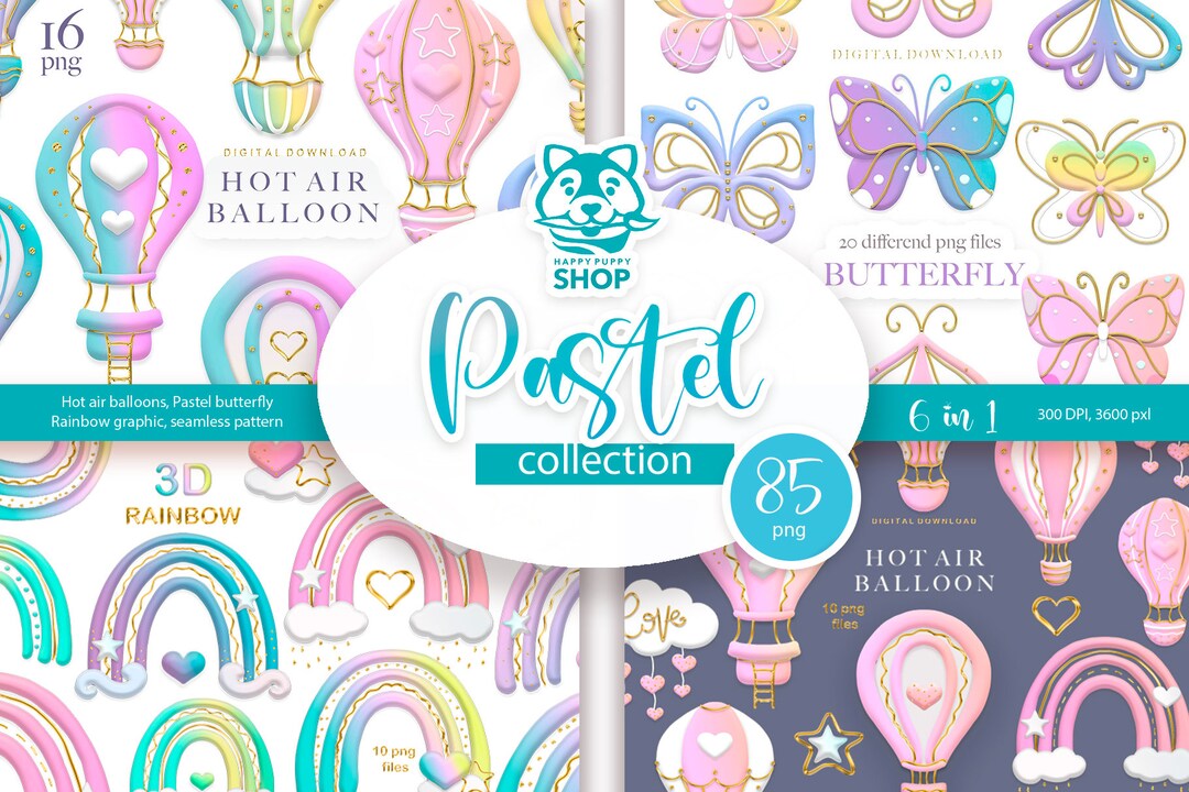 Pastel Rainbow Clipart, Pastel Hot Air Balloons, Butterfly Clipart ...