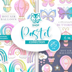 Pastel Rainbow Clipart, Pastel Hot Air Balloons, Butterfly Clipart ...