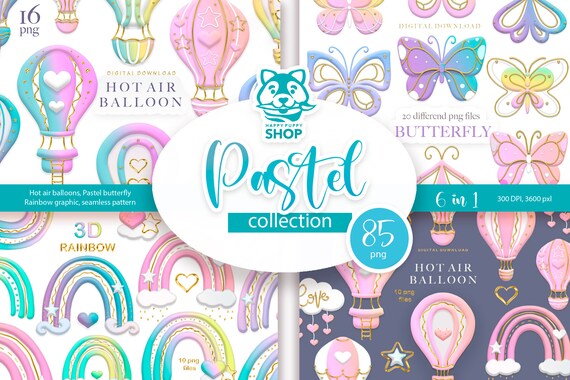 Pastel Rainbow Clipart Pastel Hot Air Balloons Butterfly | Etsy