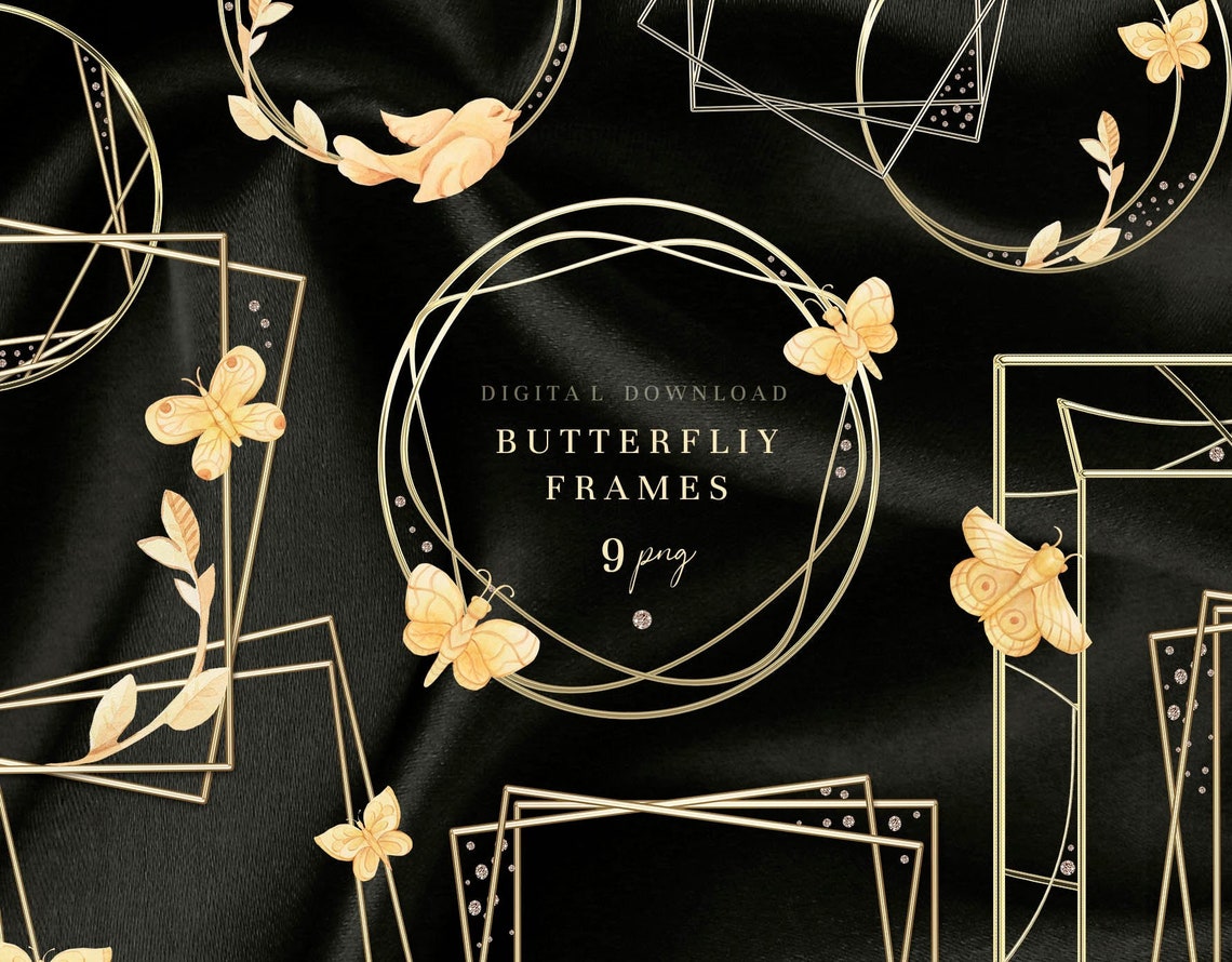 Gold Glitter Butterfly Frames: Geometric PNG Clip Art (digital Download ...