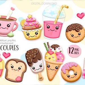 Kawaii Clipart, Food Couple Png, Donut and Milk, Cupcake and Juice, Tea ...