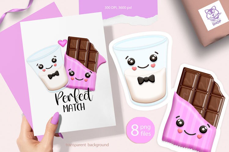 Chocolate and Milk Clipart Kawaii Couple Png Best Friends - Etsy