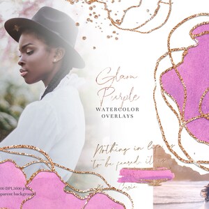 Watercolor Purple Border Overlays, Glitter Design Elements, Lilac and ...