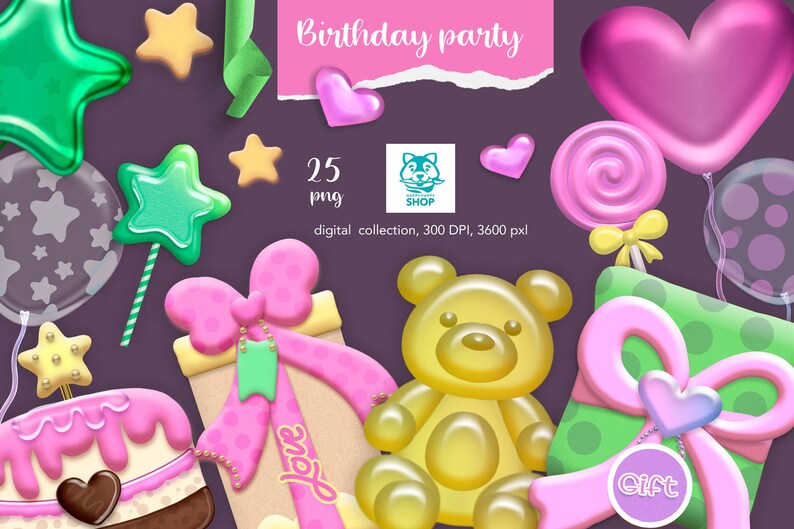 Birthday Party Clipart Sweets and Balloons Clip Art Gift Box | Etsy