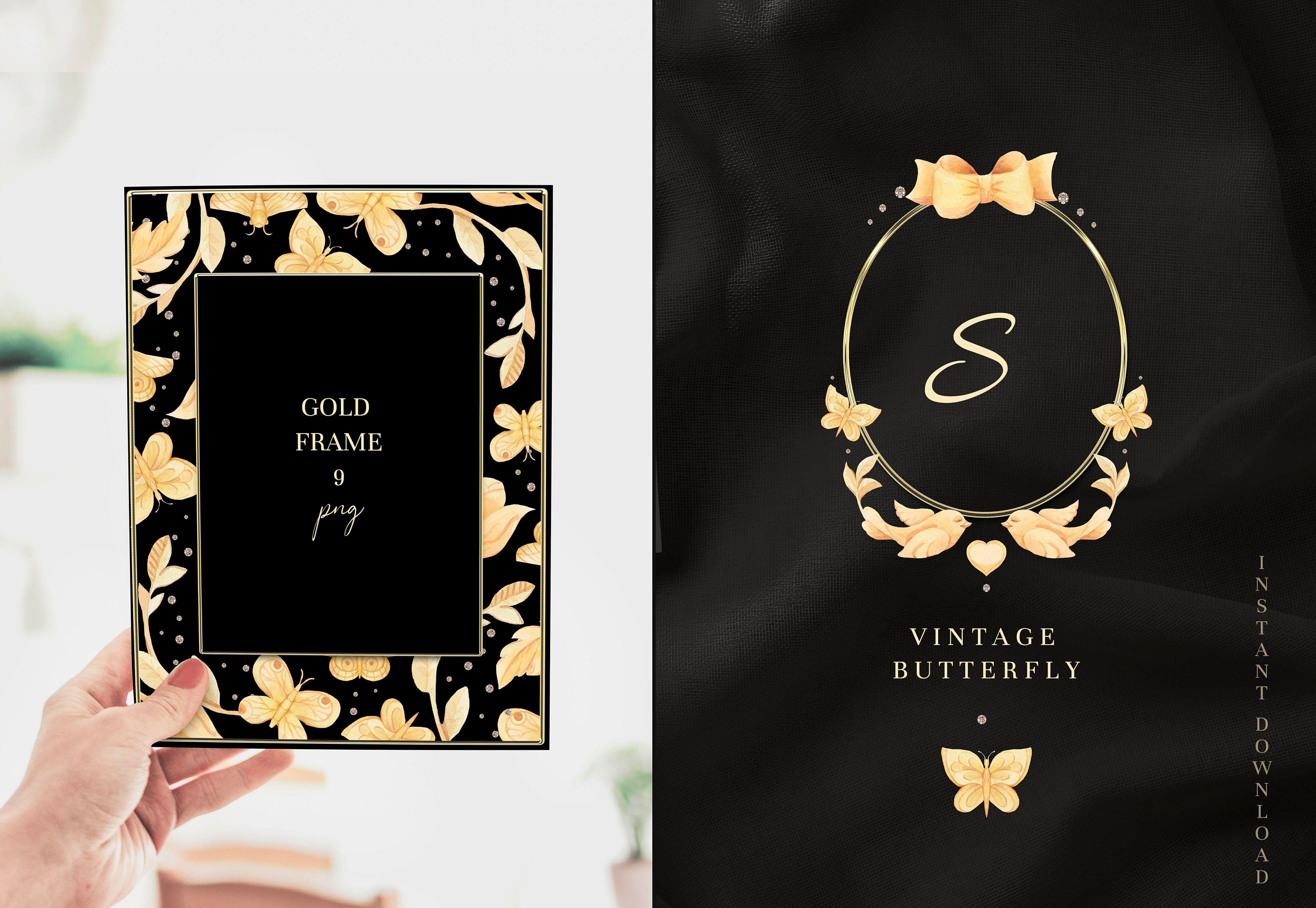 Butterfly Gold Frame Clipart: Vintage Glitter Borders (PNG Digital ...