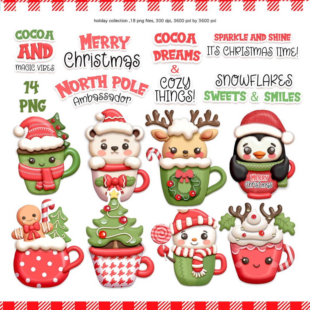 Christmas Mug Clipart: Kawaii Animal PNG (digital Download) - Etsy
