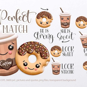 Coffee and Donut Clipart, Kawaii Couple Png, Best Friends Clipart ...