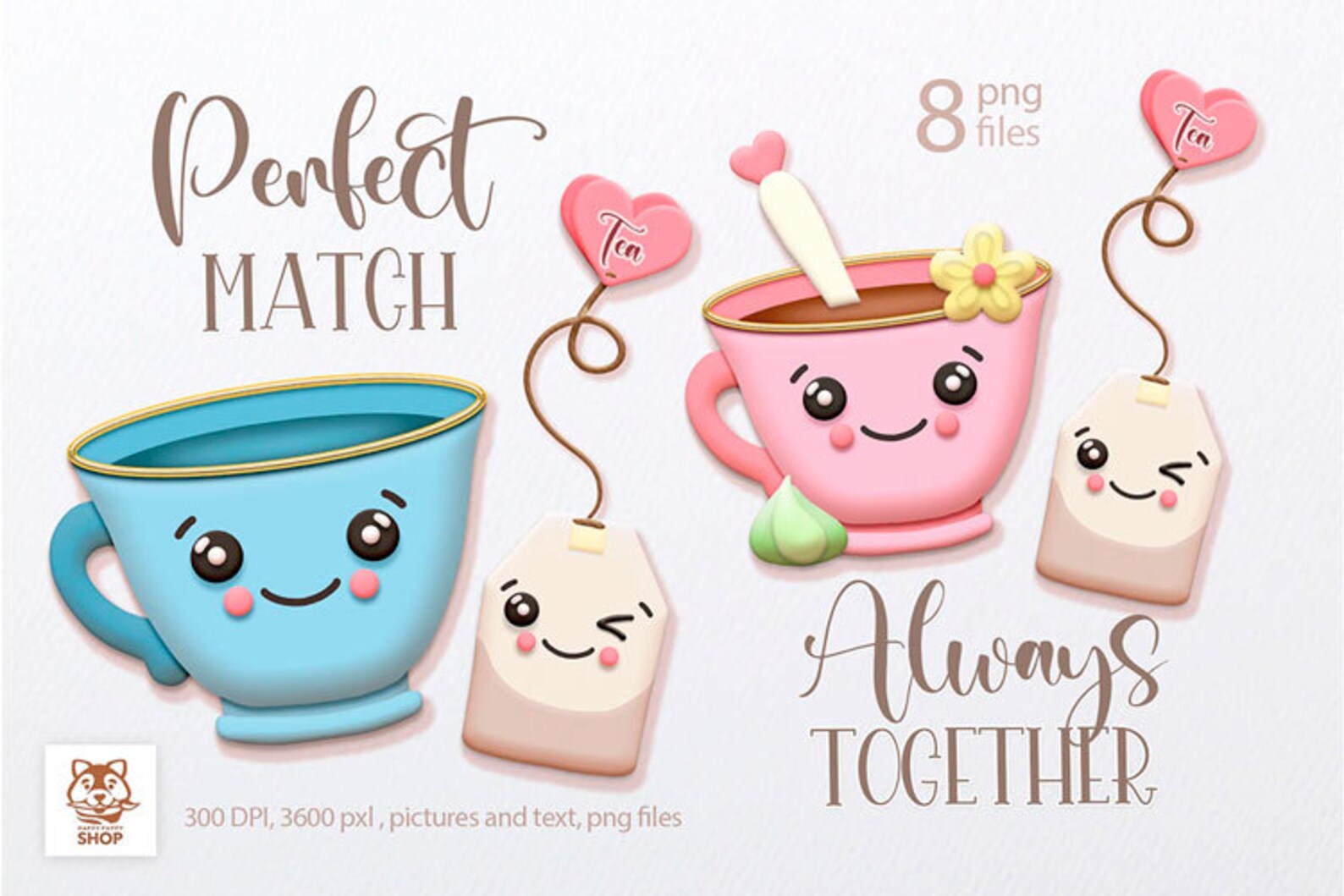 Tea Cup and Tea Bag Clipart Kawaii Couple Png Best Friends - Etsy