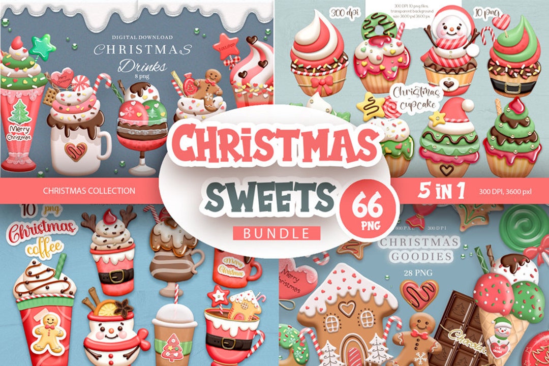Kawaii Christmas Sweets Clipart Bundle: 66 PNG Graphics (digital ...