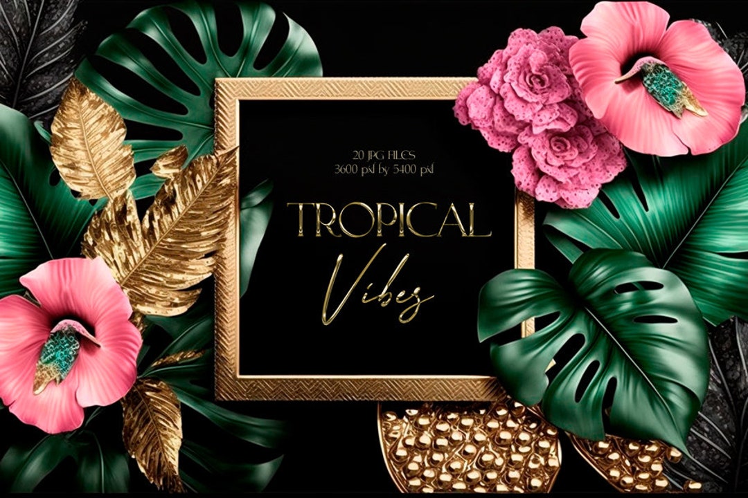 Tropical Leaves Clipart, Pink Flower and Monstera Leaf Digital ...