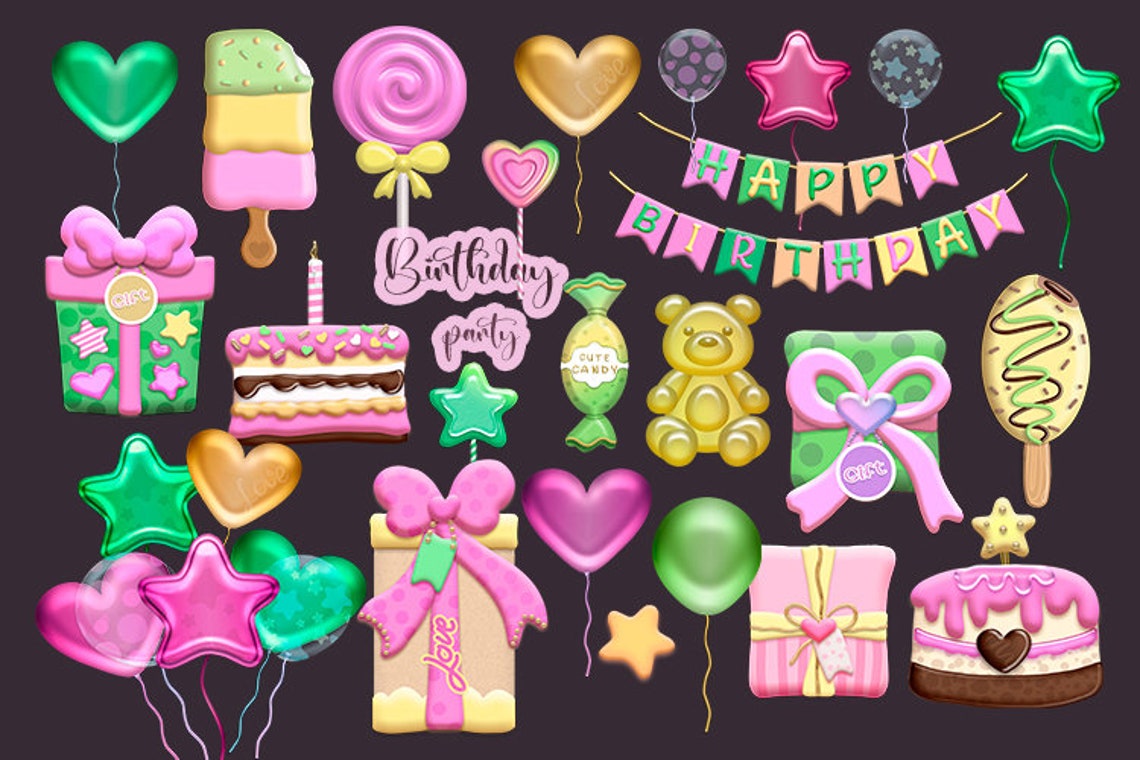 Birthday Party Clipart Sweets and Balloons Clip Art Gift Box | Etsy