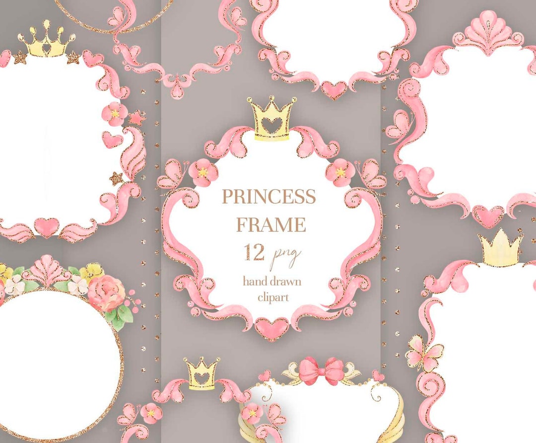 Watercolor Princess Frame Clipart: Pink Floral Glitter Frames (PNG ...