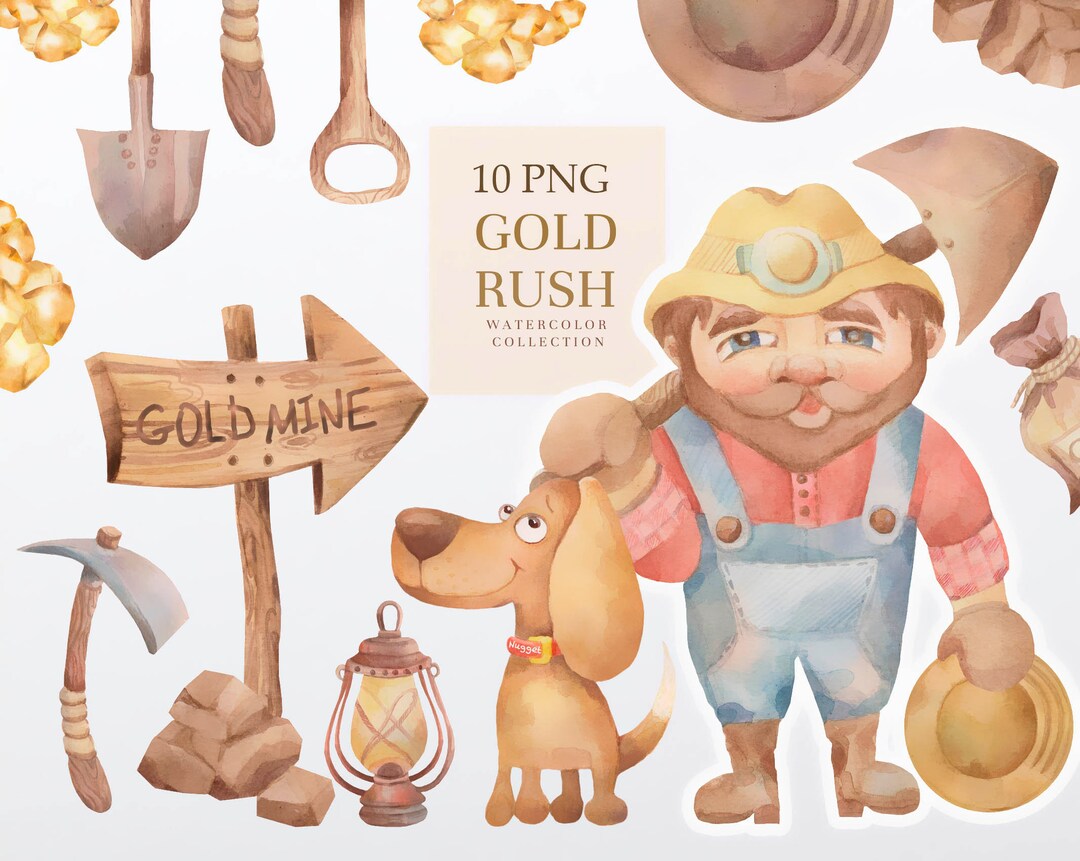 Watercolor Set,gold Rush Clip Art,gold Miner and Dog, Nuggets and Gold ...