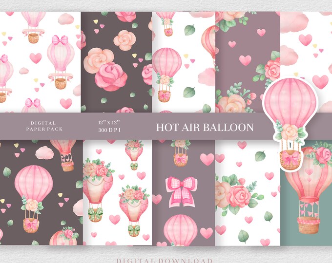 Hot Air Balloon Digital Paper Watercolor Floral Seamless - Etsy