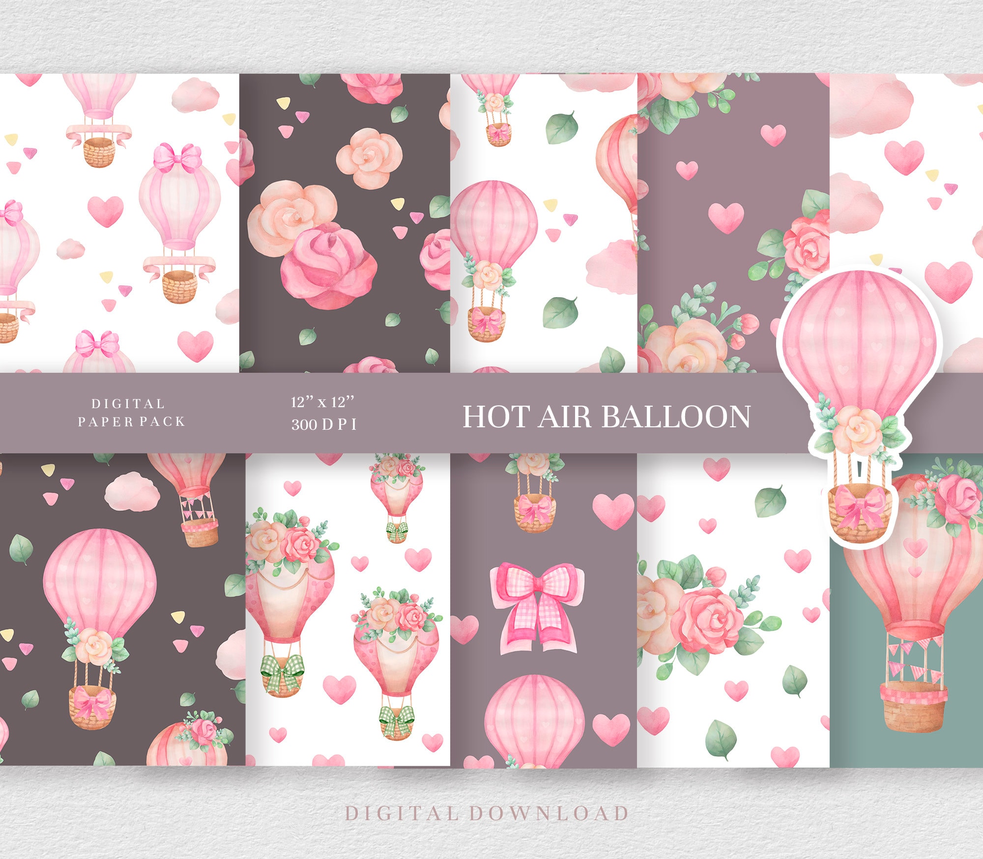 Hot Air Balloon Digital Paper Watercolor Floral Seamless - Etsy