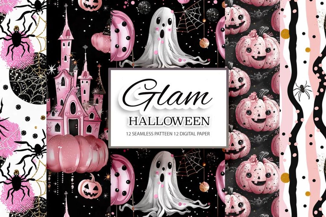 Pink Halloween Digital Paper, Cute Halloween Seamless Pattern, Glam ...