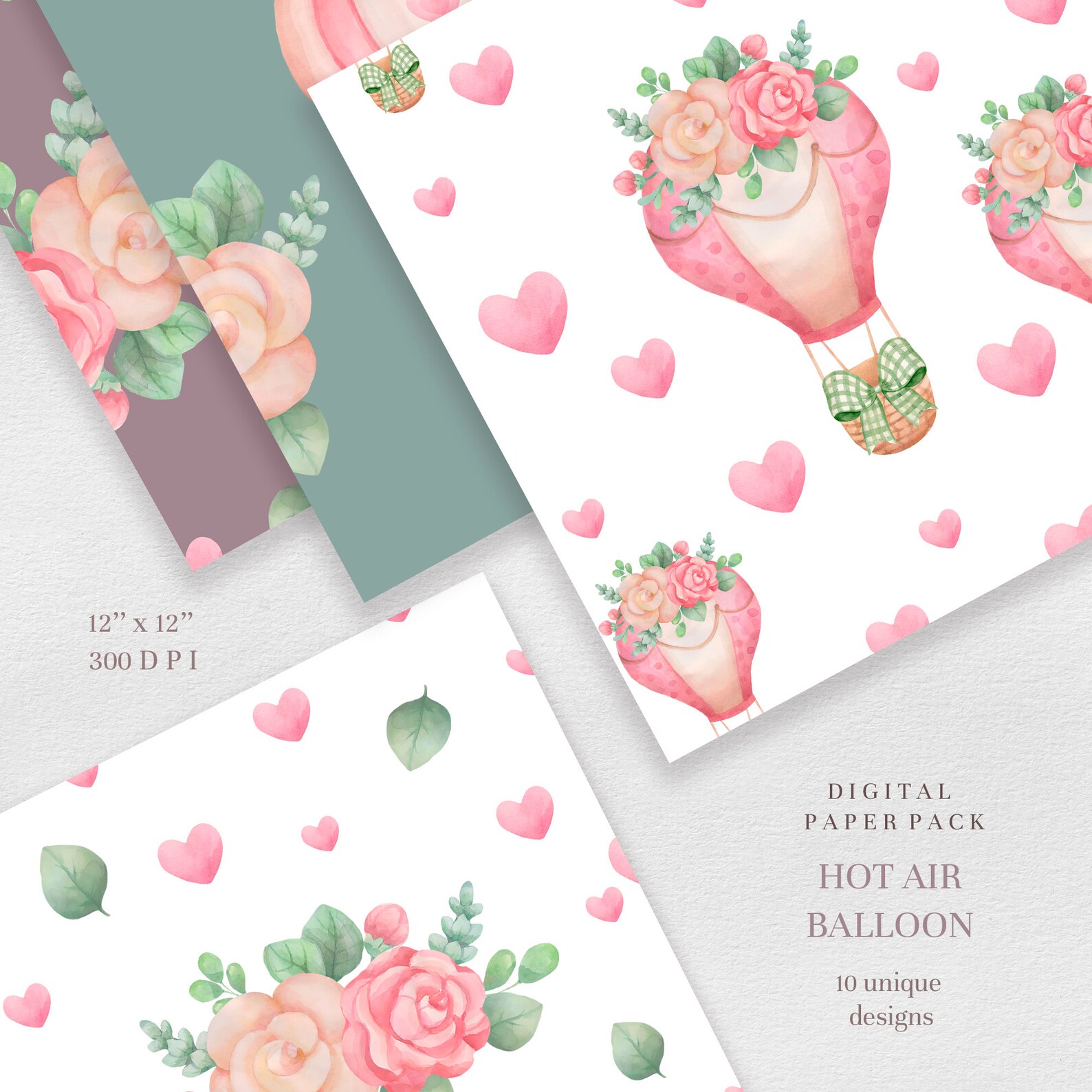 Hot Air Balloon Digital Paper Watercolor Floral Seamless - Etsy