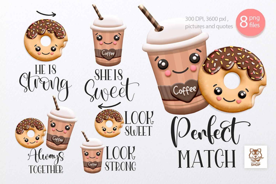 Coffee and Donut Clipart Kawaii Couple Png Best Friends - Etsy