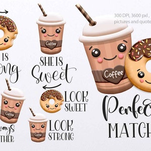 Coffee and Donut Clipart, Kawaii Couple Png, Best Friends Clipart ...