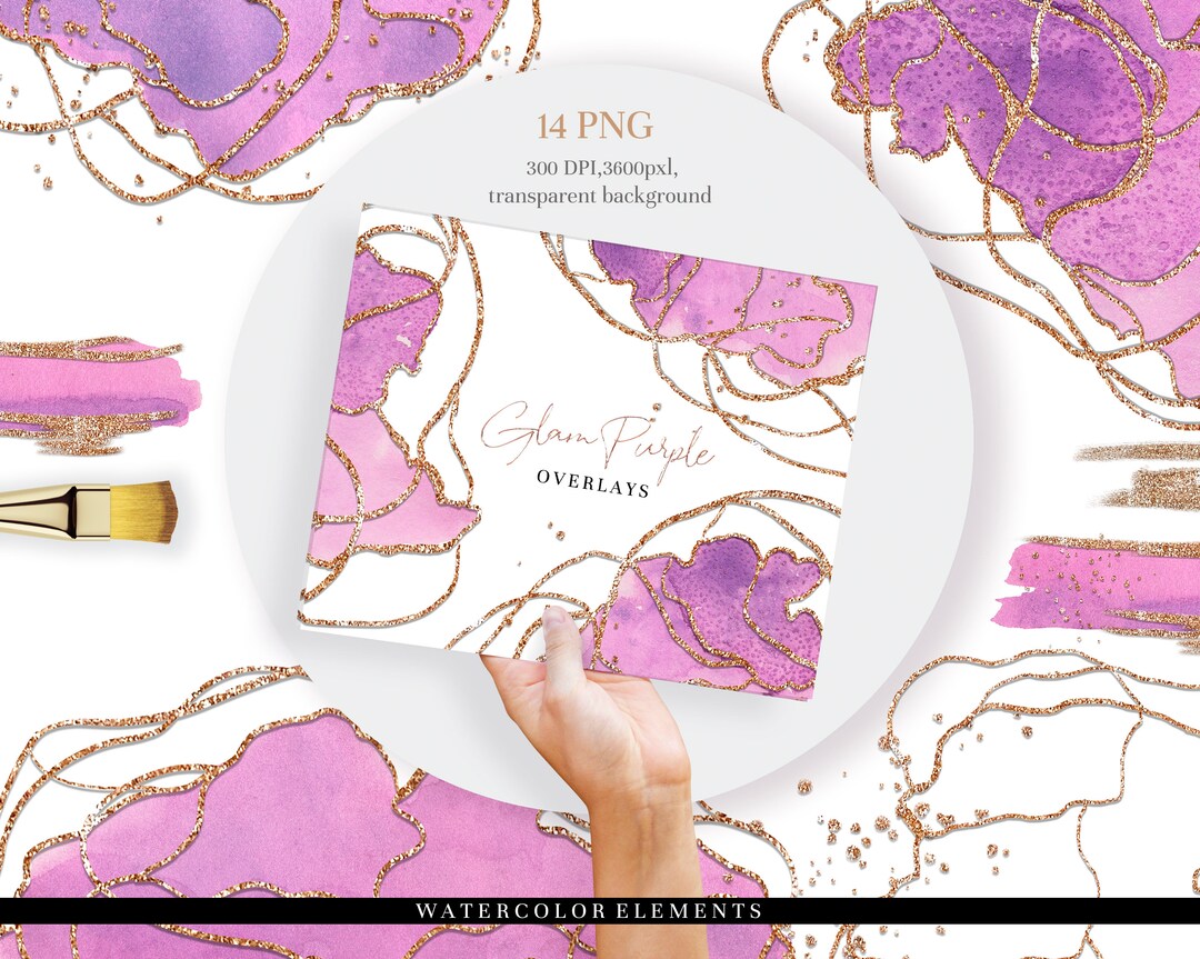 Watercolor Purple Border Overlays, Glitter Design Elements, Lilac and ...