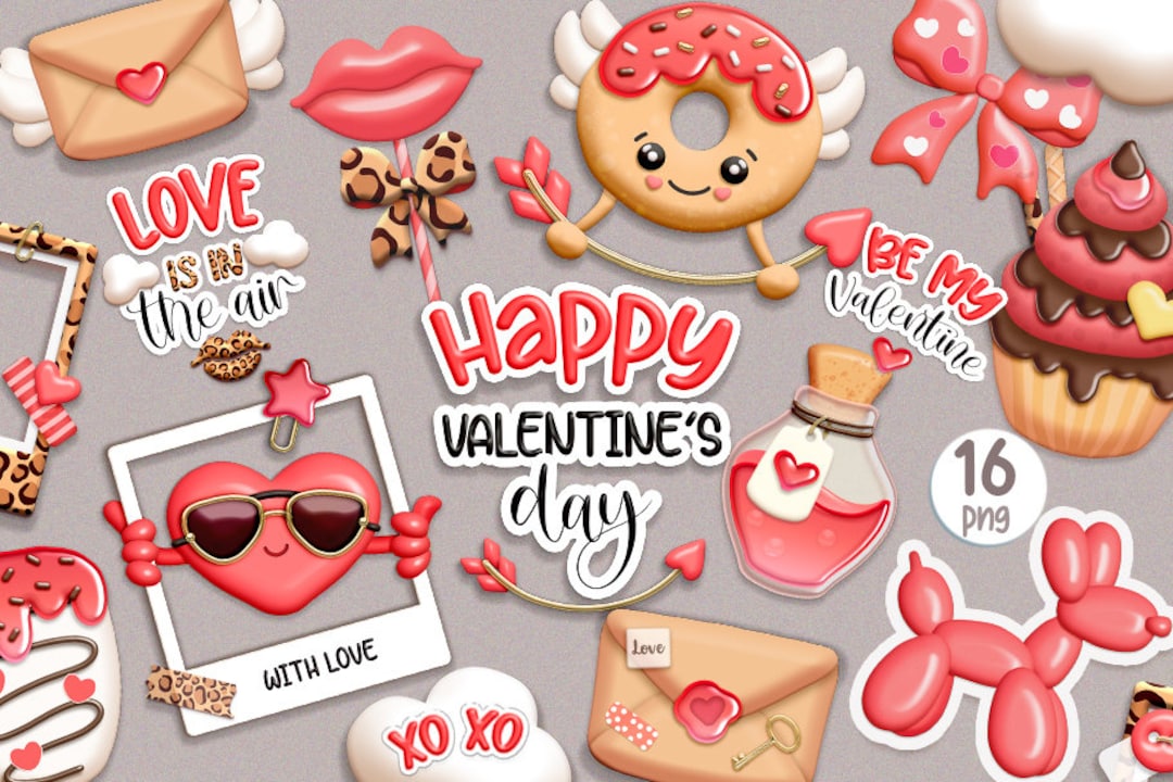 Valentine Clipart: Kawaii Donut, Heart, Cupcake (PNG Digital Download ...