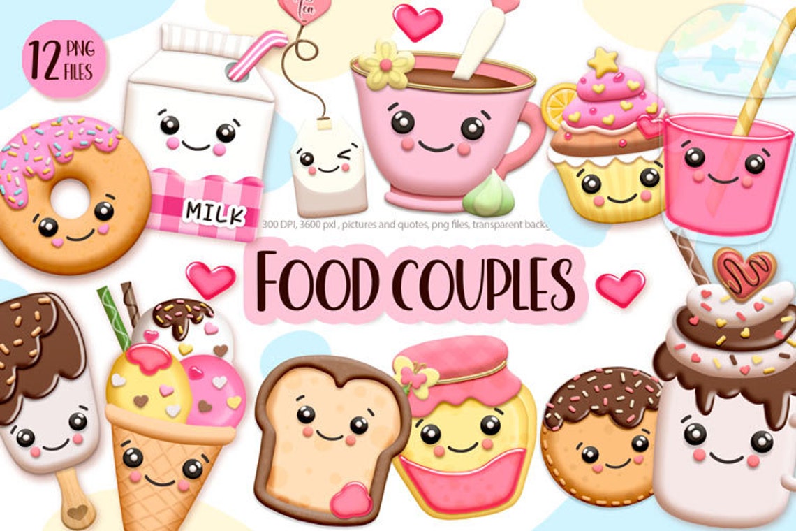 Kawaii Clipart Food Couple Png Donut and Milk Cupcake and - Etsy