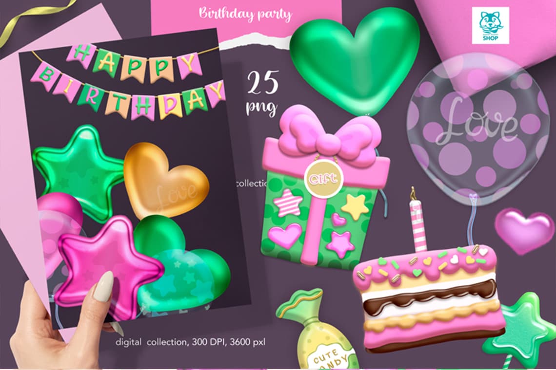 Birthday Party Clipart Sweets and Balloons Clip Art Gift Box | Etsy