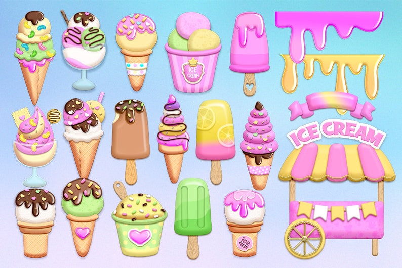 Ice Cream Clipart: Kawaii Popsicles, Candyland Graphics (22 PNG Files ...