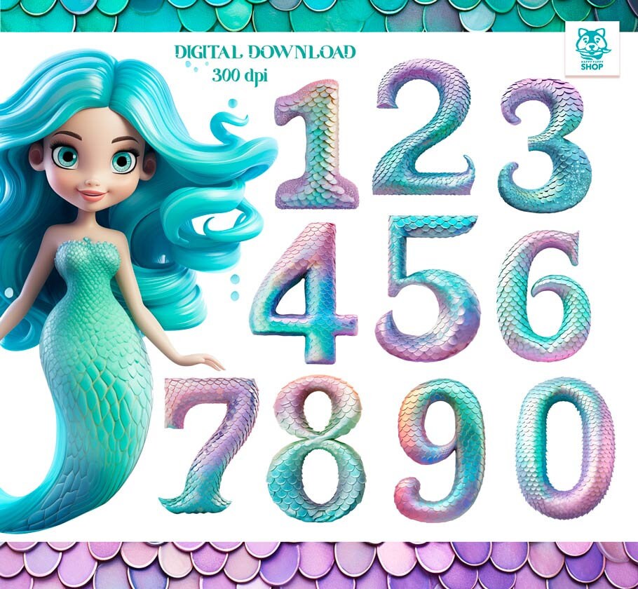 Little Mermaid Numbers, Mermaid Clipart, 3d Png Number, DIGITAL ...