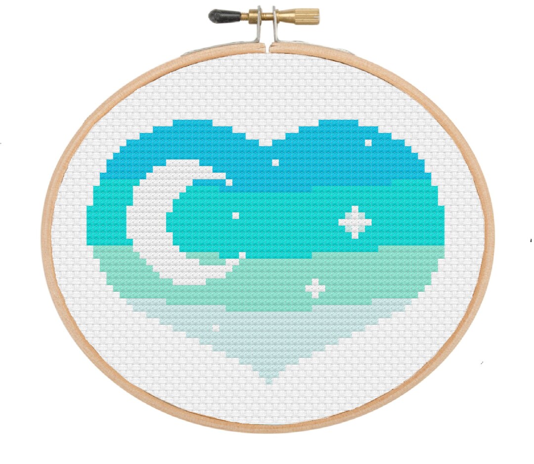 Heart-shaped Crescent Moon With Stars Cross Stitch PDF Pattern, Night ...