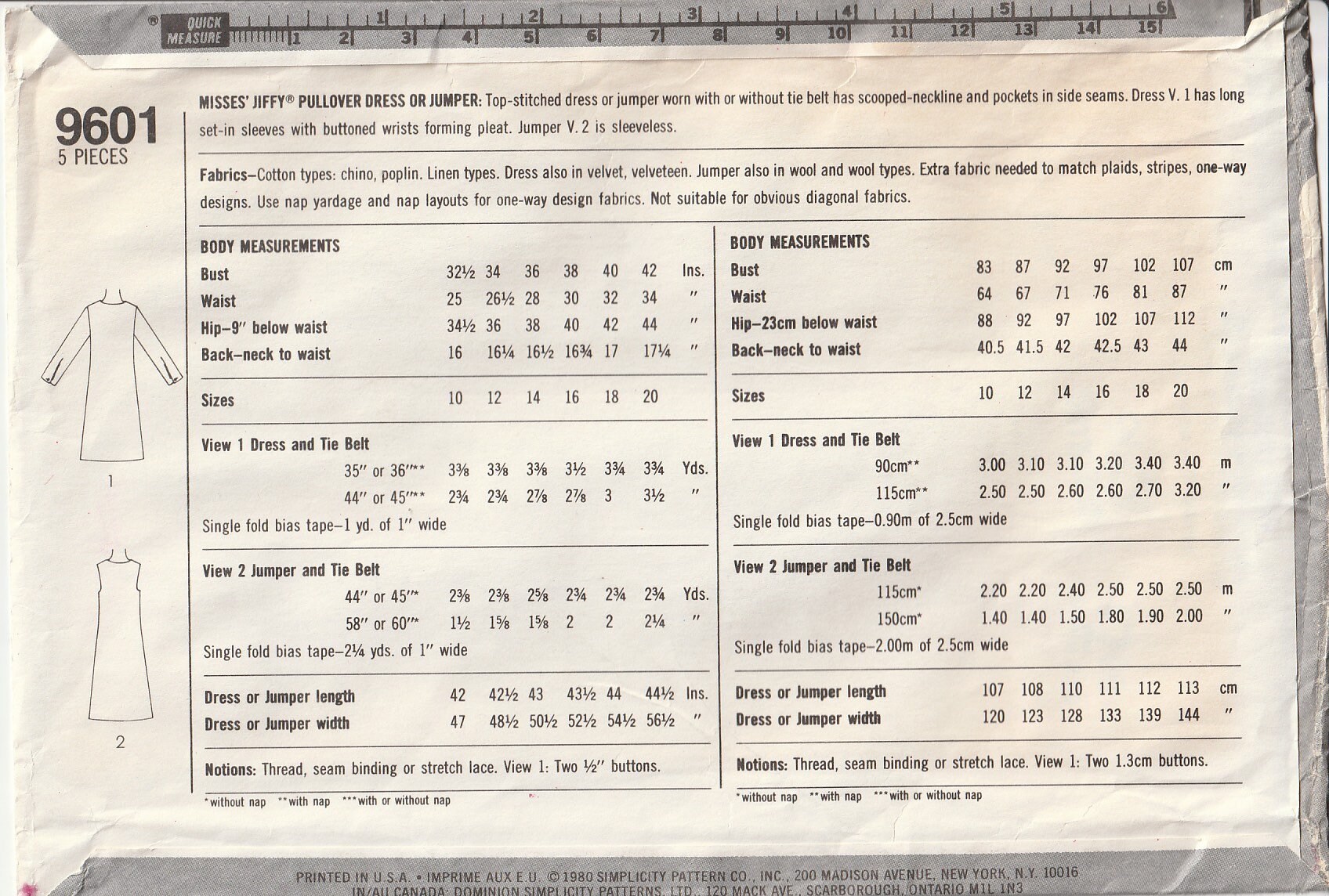 Simplicity 9601 Misses' Pullover Dress or Jumper Vtg 1980 Scoop Neck ...