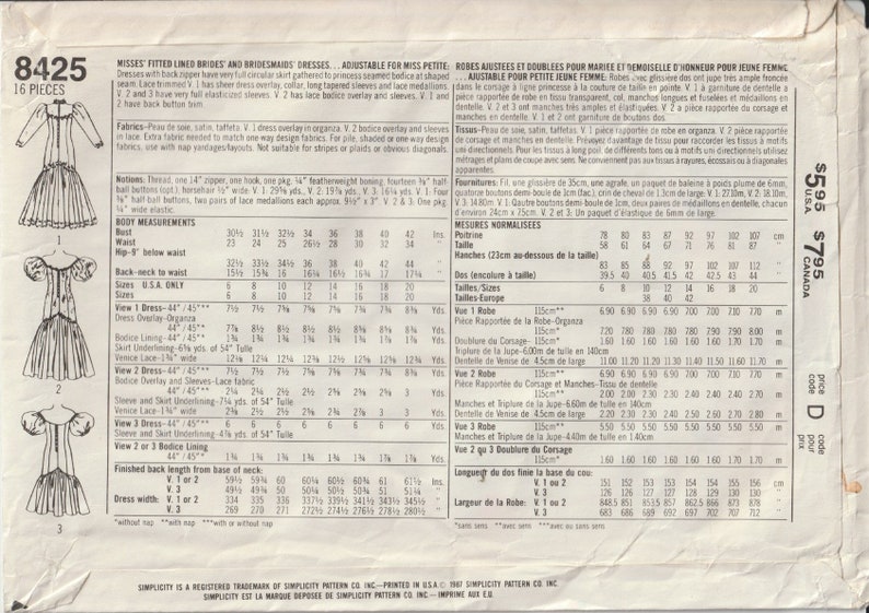 Misses Bridal Gown Bridesmaid Dress Lined Fitted Mermaid Fishtail Sleeve Variations Vintage 80s ...