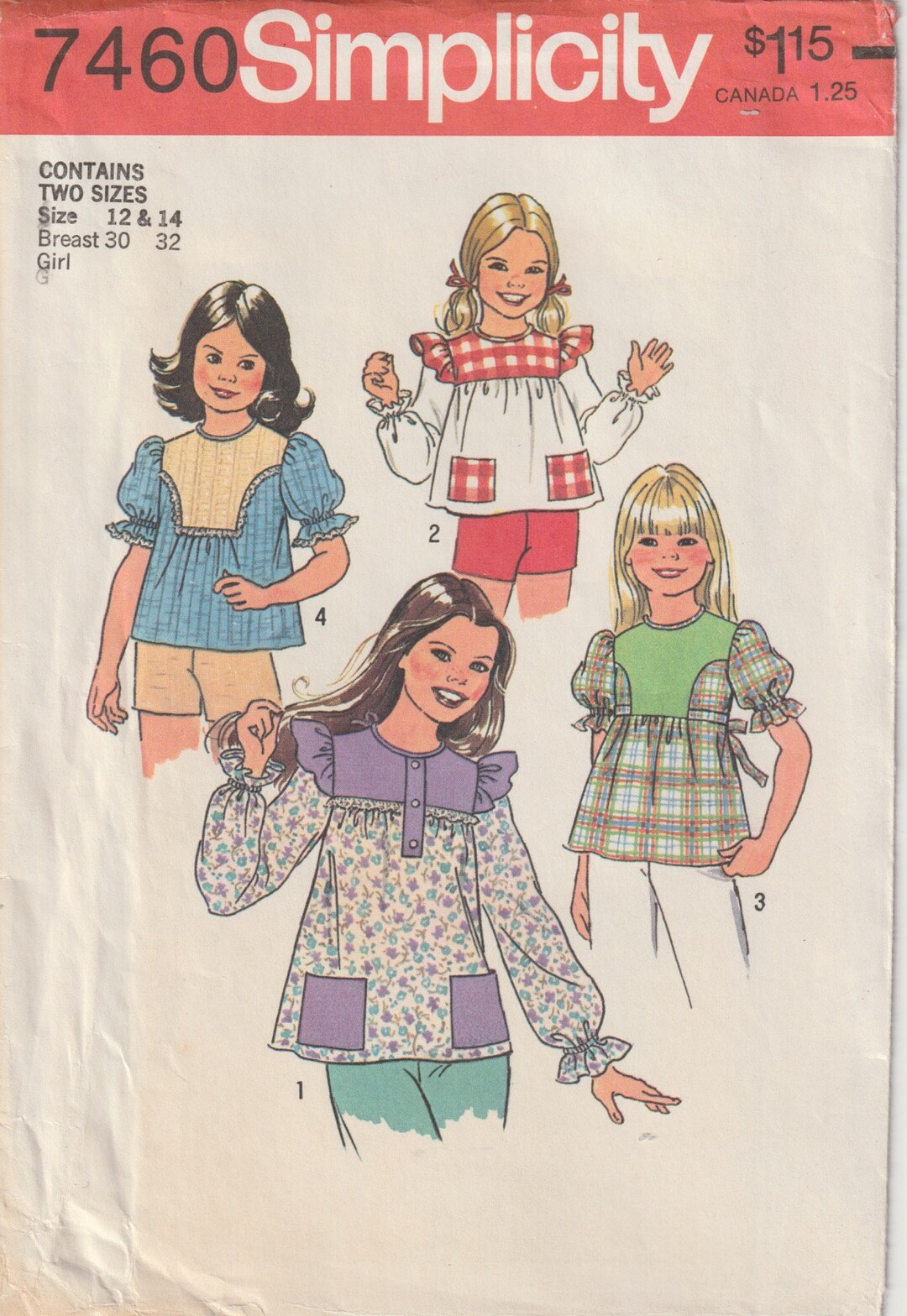 Vtg 70's Girls Tops Back Slit Opening Tie Ends Gathered Sleeves Self ...