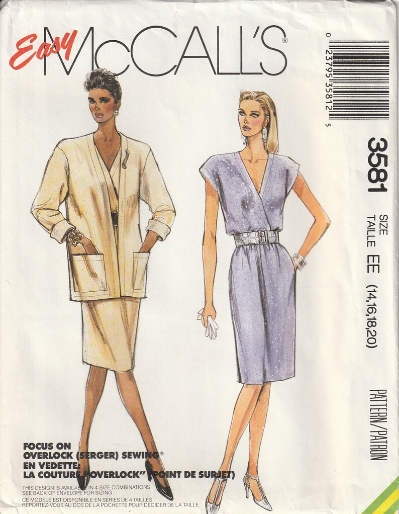 Vintage 1980's Mccall's 3581 Misses' Unlined Jacket and Pullover Dress ...