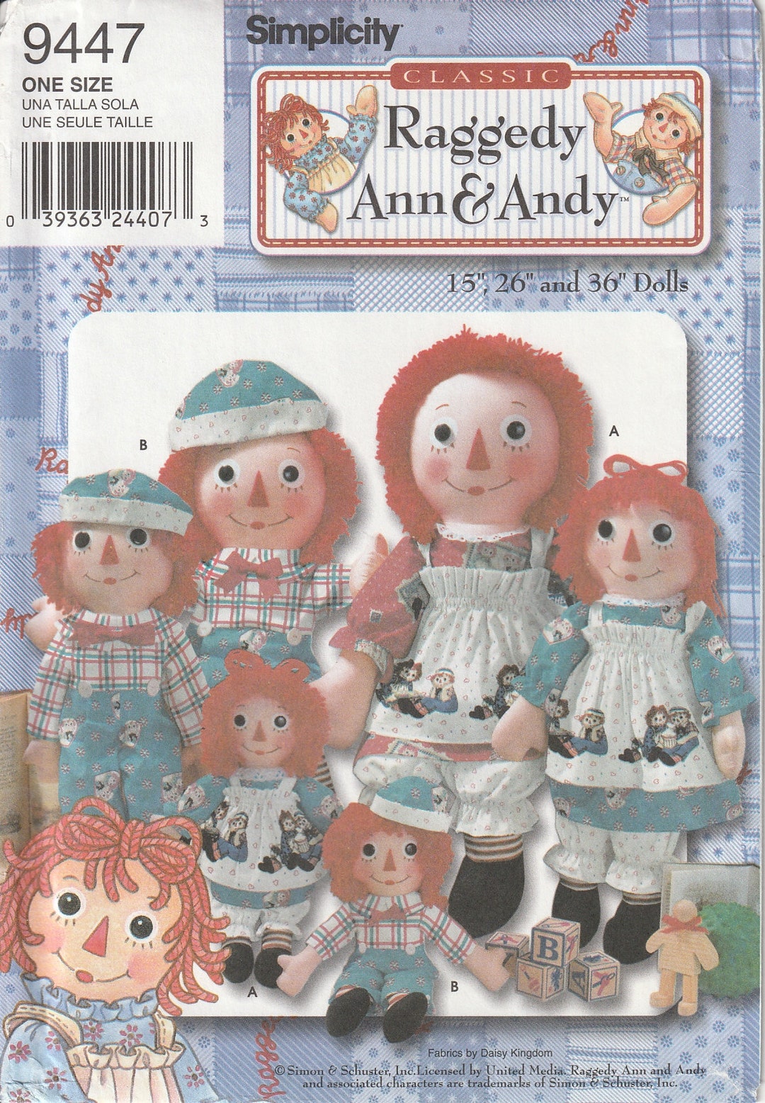 Raggedy Ann & Andy Dolls With Clothes Three Sizes Simplicity 9447 ...