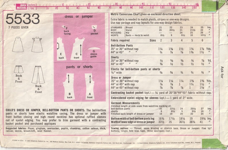 Vtg 70's Simplicity 5533 Childs Girl's Dress or - Etsy
