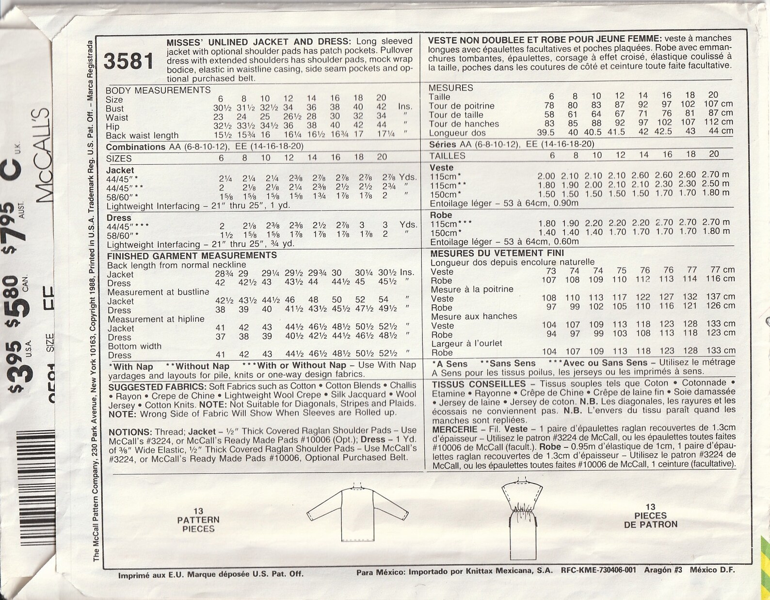 Vintage 1980's Mccall's 3581 Misses' Unlined Jacket and Pullover Dress ...