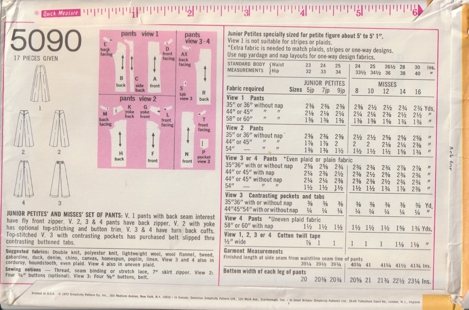 Misses 1970's Pants Back Seam Interest Fly Front Zip Yoke Turn Back ...