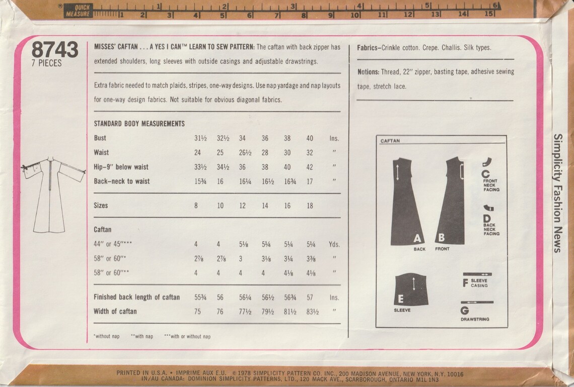 Simplicity 8743 1970s Misses Easy Caftan Pattern Drop Shoulder Womens ...