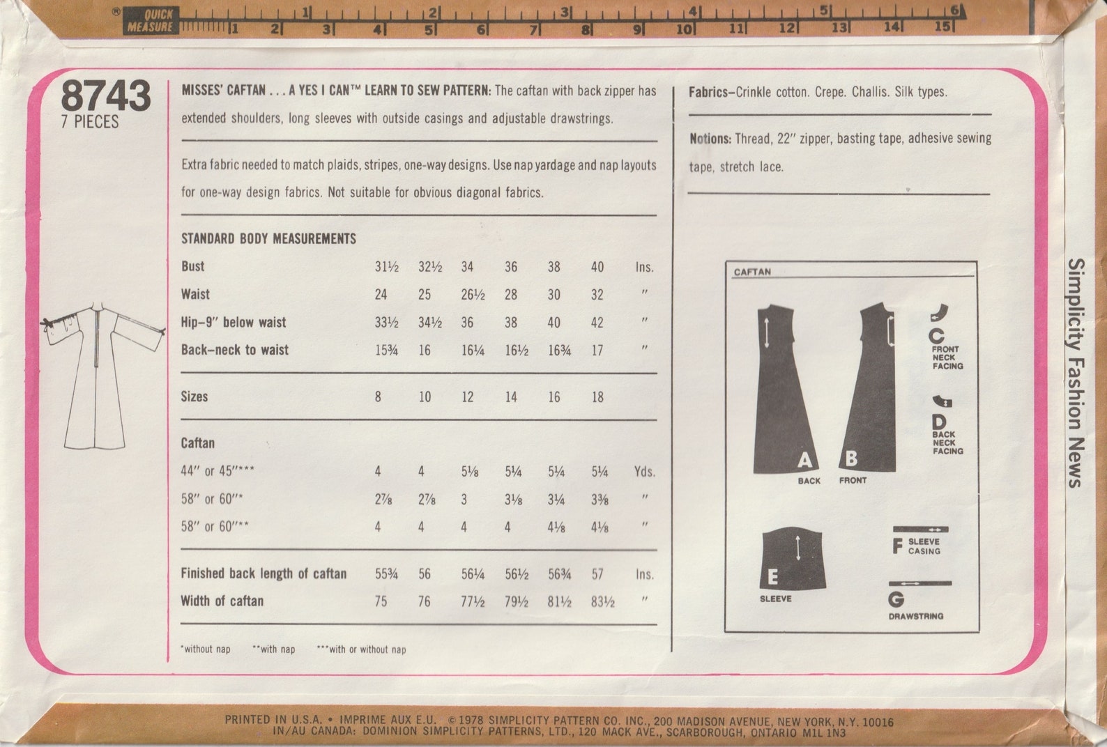 Simplicity 8743 1970s Misses Easy Caftan Pattern Drop Shoulder Womens ...