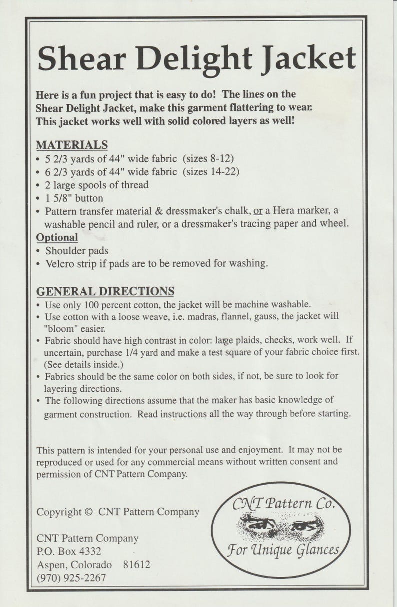 Shear Delight Jacket Close Fit Layered Flattering Sewing Pattern CNT ...