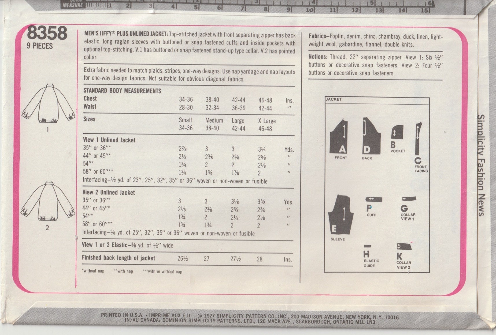 Simplicity 8358 Men's Unlined Jacket, Front Separating Zipper, Long ...