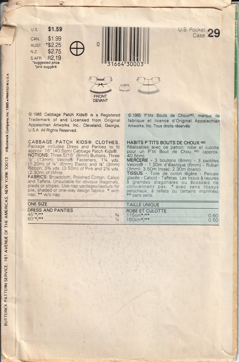 Vintage 80s Cabbage Patch Doll Dress and Panties Sewing Pattern See and ...