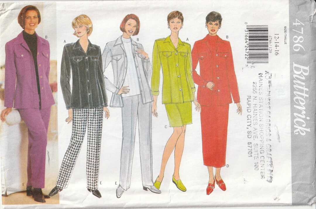 1990's Butterick 4786 Misses' Shirtjacket Skirt & Pants Size 12 14 16 ...