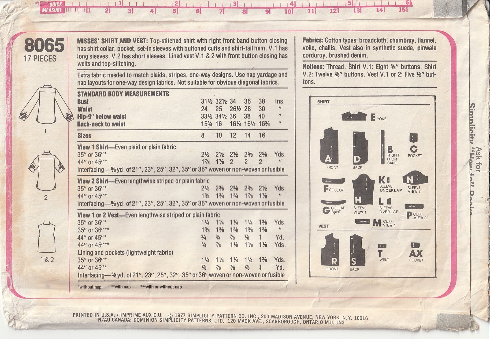 Vtg 70's Simplicity 0865 Misses' Shirt and Vest Size - Etsy