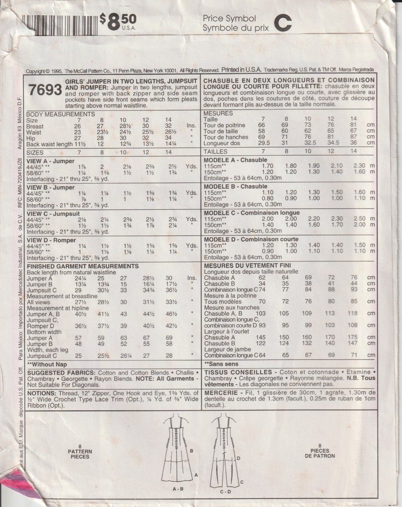 Girls Jumper, Jumpsuit and Romper Mccall's 7693 Sewing Pattern Size 7 ...